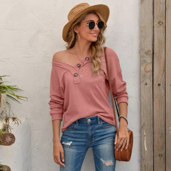 Tops | 33 Raspberry Waffle Knit Button Top | Poshmark